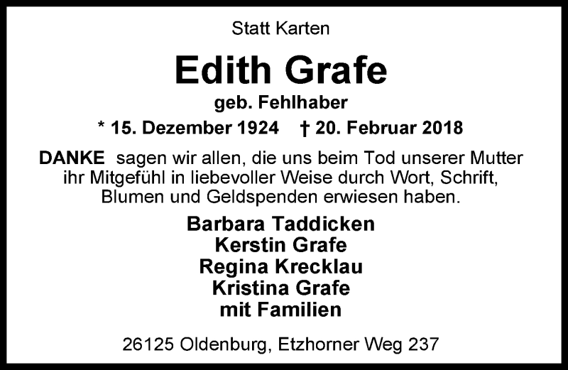 Traueranzeigen von Edith Grafe | nordwest-trauer.de