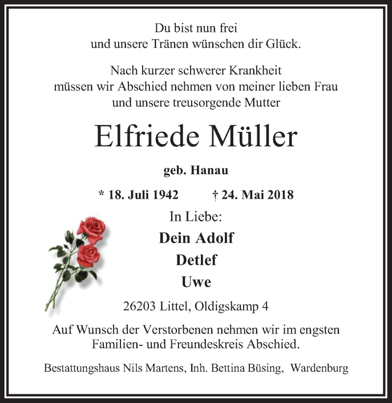 Traueranzeigen von Elfriede Müller | nordwest-trauer.de