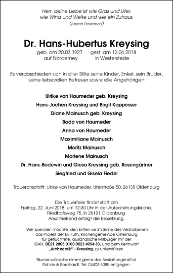 Traueranzeigen von Hans-Hubert Kreysing | nordwest-trauer.de