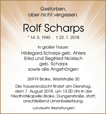 Traueranzeigen von Rolf Scharps | nordwest-trauer.de