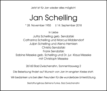 Traueranzeigen von Jan Schelling | nordwest-trauer.de