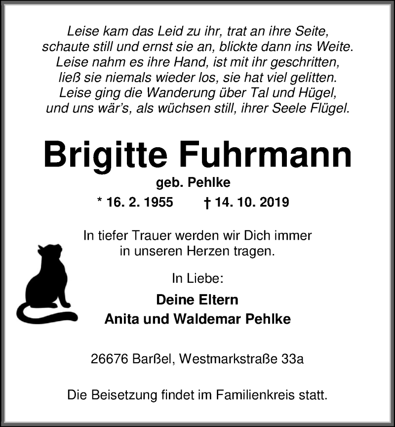 Traueranzeigen von Brigitte Fuhrmann | nordwest-trauer.de
