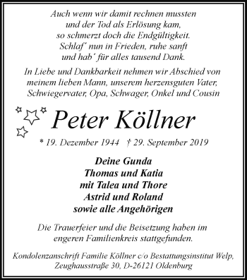 Traueranzeigen von Peter Köllner | nordwest-trauer.de