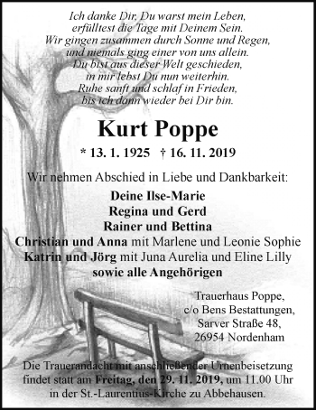 Traueranzeigen von Kurt Poppe | nordwest-trauer.de