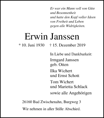 Traueranzeigen von Erwin Janssen | nordwest-trauer.de