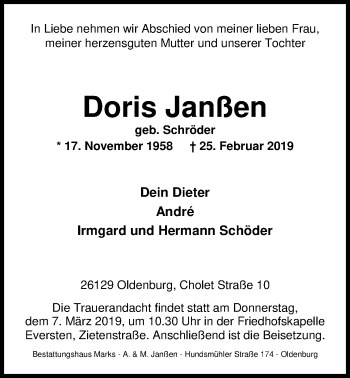 Traueranzeigen von Doris Janßen | nordwest-trauer.de