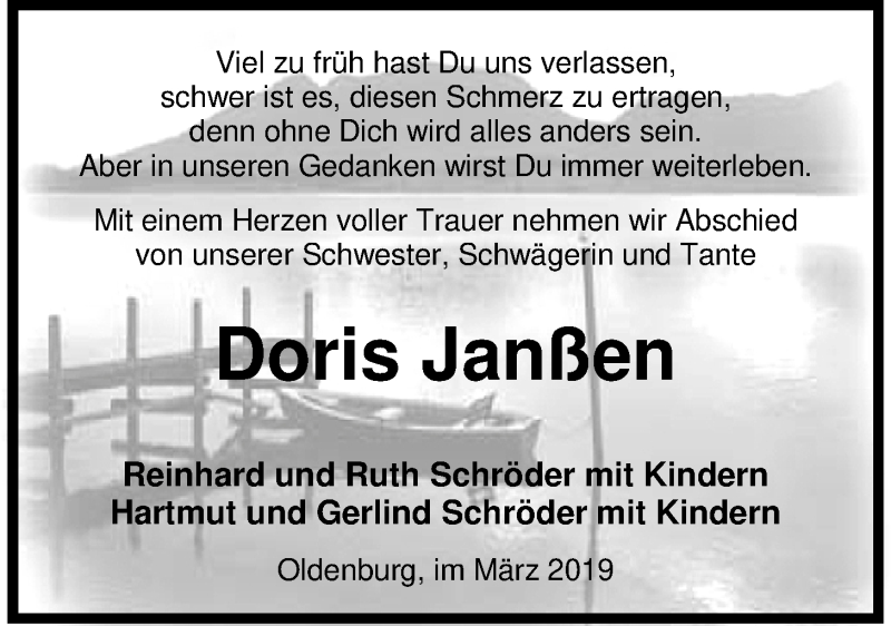 Traueranzeigen von Doris Janßen | nordwest-trauer.de