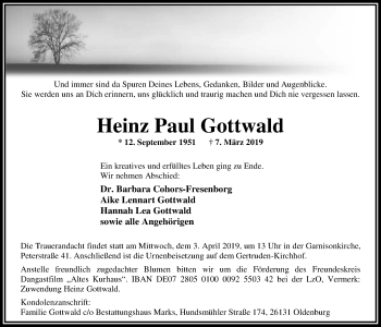 Traueranzeigen von Heinz Paul Gottwald | nordwest-trauer.de