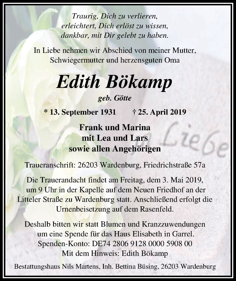 Traueranzeigen von Edith Bökamp | nordwest-trauer.de