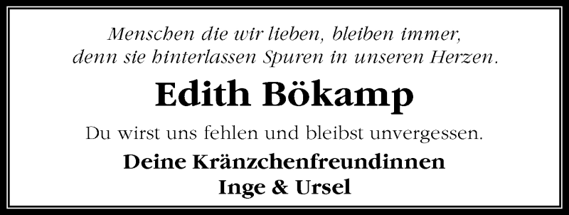 Traueranzeigen von Edith Bökamp | nordwest-trauer.de