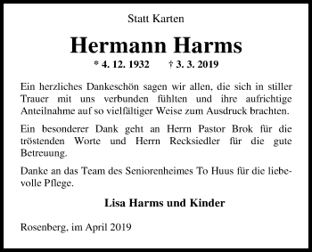 Traueranzeigen von Hermann Harms | nordwest-trauer.de