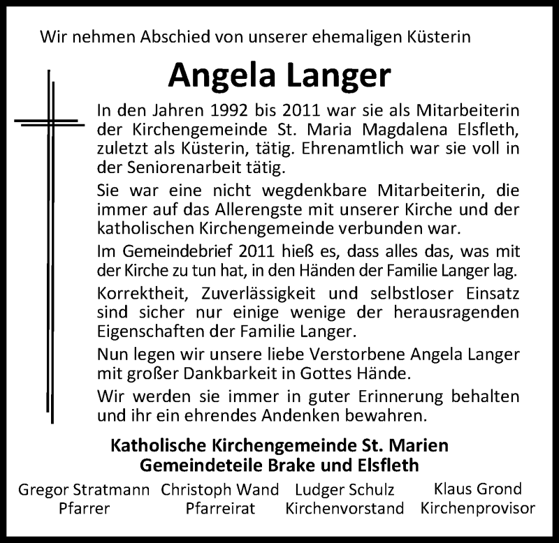 Traueranzeigen von Angela Langer | nordwest-trauer.de