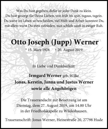 Traueranzeigen von Otto Joseph (Jupp) Werner | nordwest-trauer.de