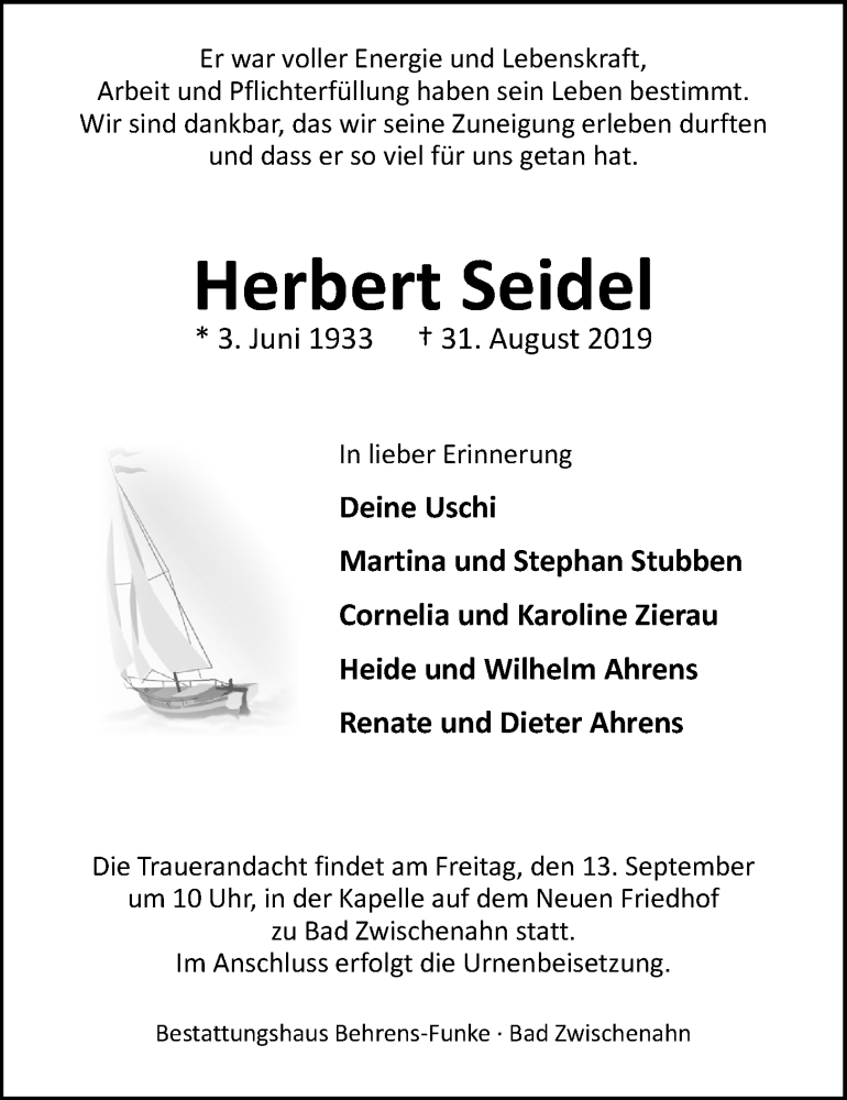 Traueranzeigen von Herbert Seidel | nordwest-trauer.de