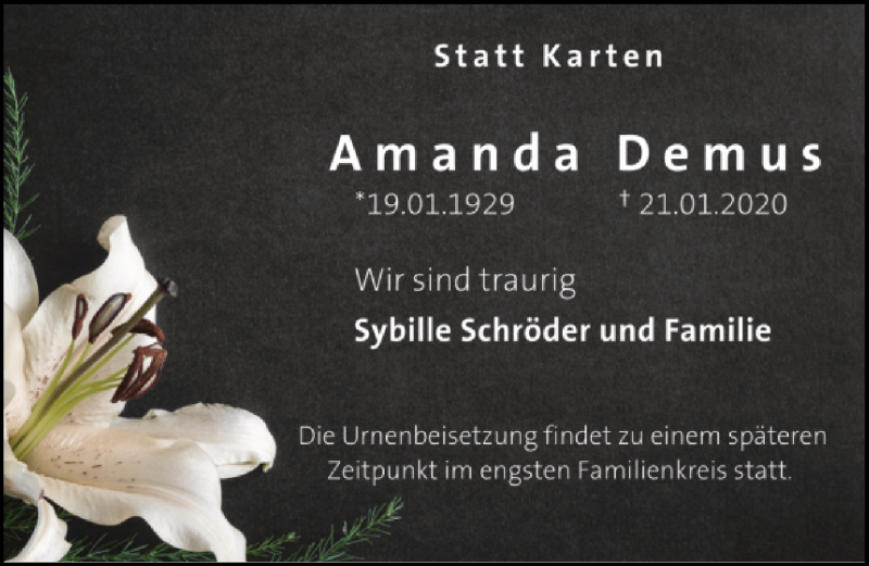 Traueranzeigen von Amanda Demus | nordwest-trauer.de