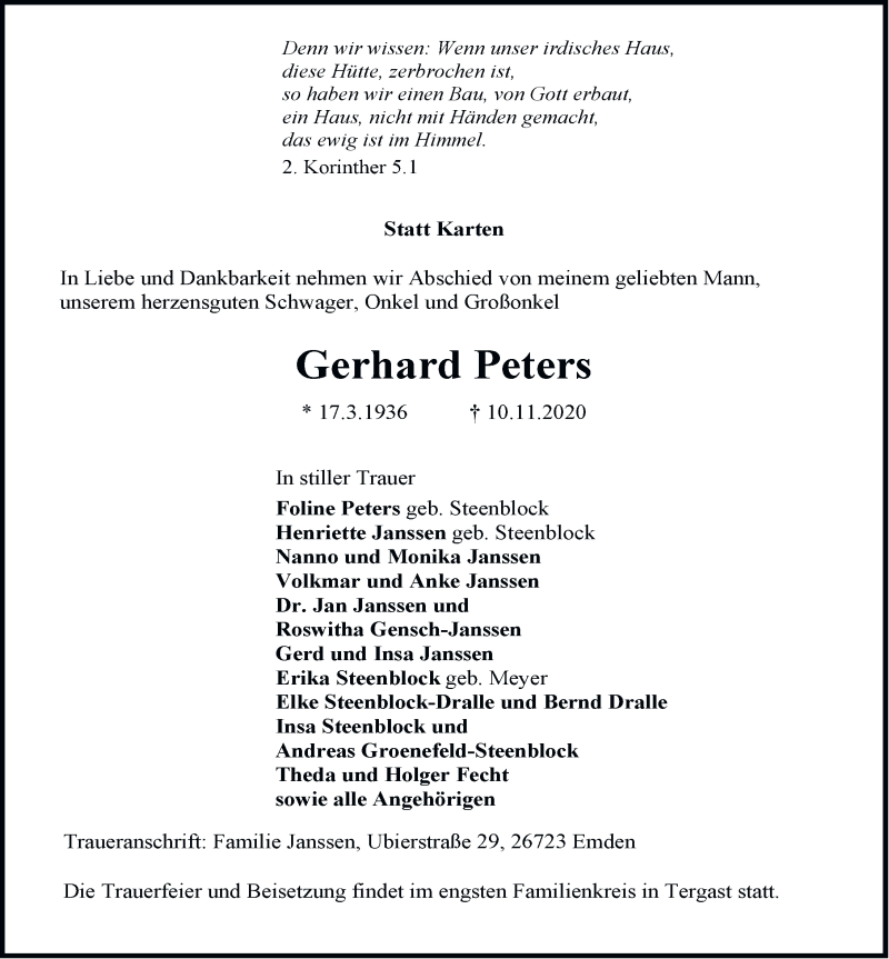Traueranzeigen von Gerhard Peters | nordwest-trauer.de