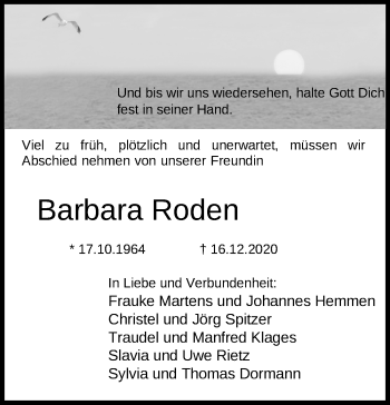 Traueranzeigen von Barbara Roden | nordwest-trauer.de