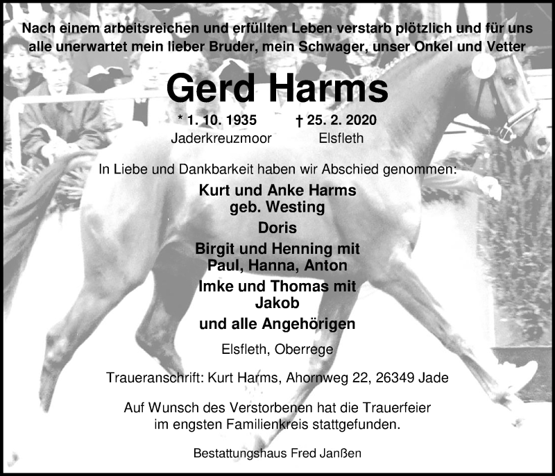 Traueranzeigen von Gerd Harms | nordwest-trauer.de
