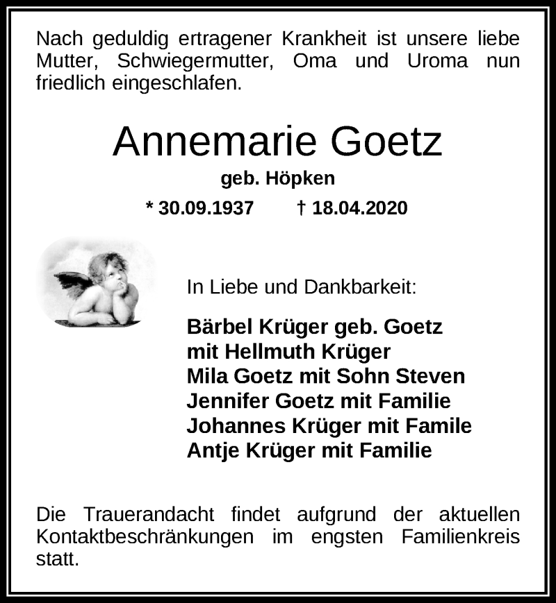 Traueranzeigen von Annemarie Goetz | nordwest-trauer.de