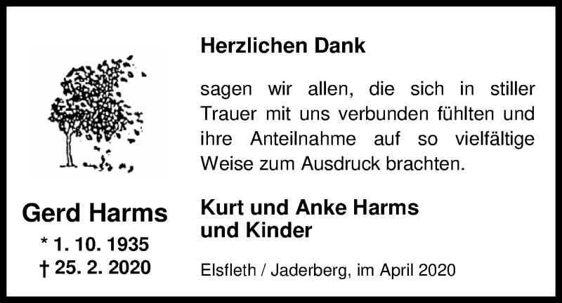 Traueranzeigen von Gerd Harms | nordwest-trauer.de