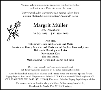 Traueranzeigen von Margrit Müller | nordwest-trauer.de