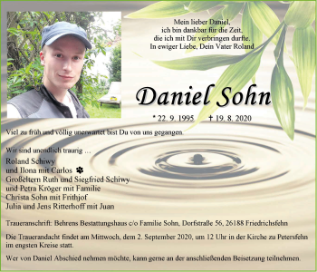 Traueranzeigen von Daniel Sohn | nordwest-trauer.de