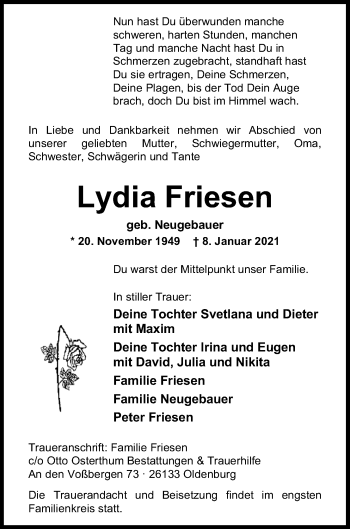 Traueranzeigen von Lydia Friesen | nordwest-trauer.de
