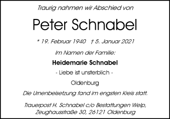 Traueranzeigen von Peter Schnabel | nordwest-trauer.de