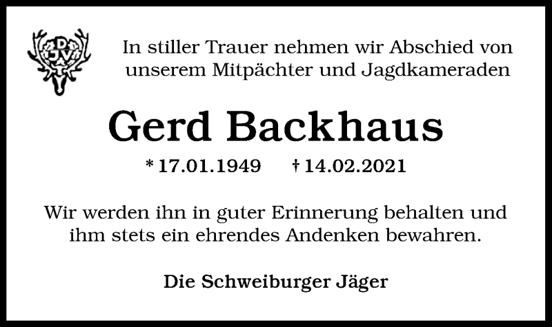 Traueranzeigen von Gerd Backhaus | nordwest-trauer.de