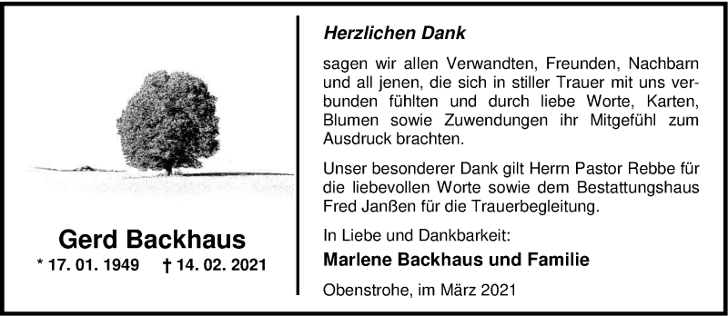 Traueranzeigen von Gerd Backhaus | nordwest-trauer.de