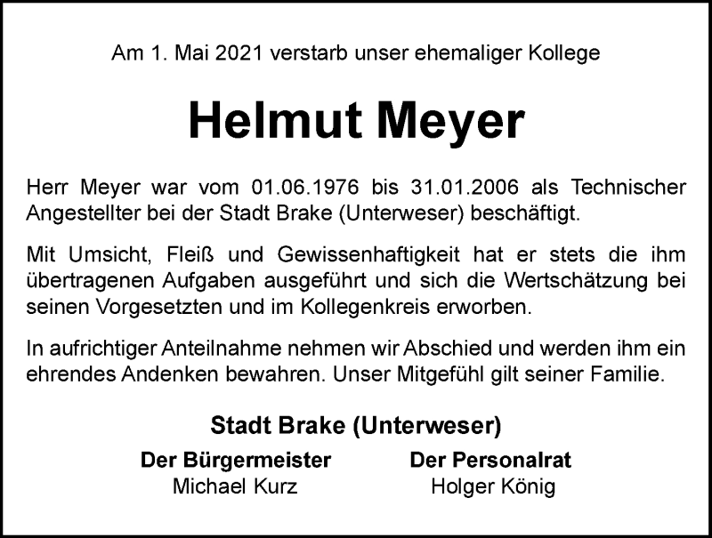 Traueranzeigen von Helmut Meyer | nordwest-trauer.de