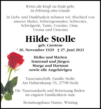 Traueranzeigen von Hilde Stolle | nordwest-trauer.de