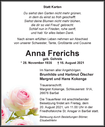 Traueranzeigen von Anna Frerichs | nordwest-trauer.de