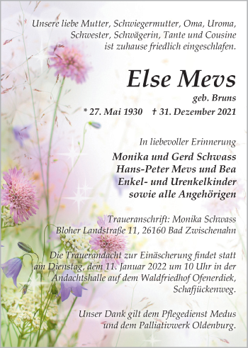 Traueranzeigen von Else Mevs | nordwest-trauer.de