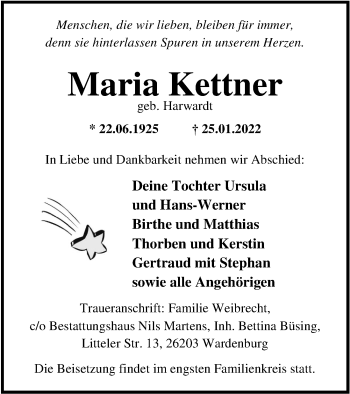 Traueranzeigen von Maria Kettner | nordwest-trauer.de