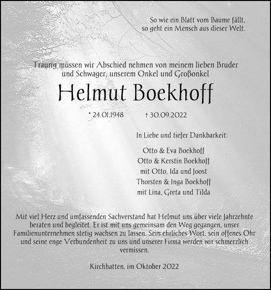 Traueranzeigen von Helmut Boekhoff | nordwest-trauer.de