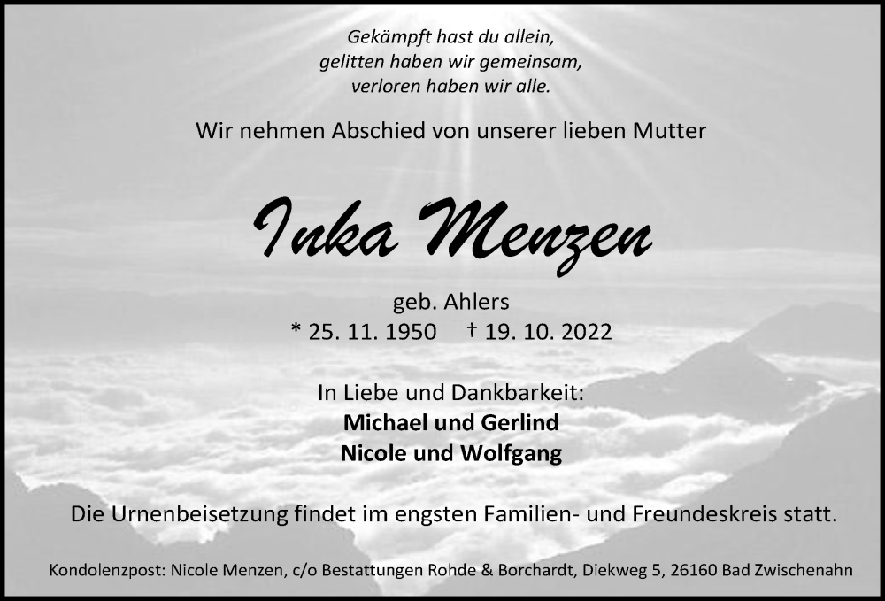 Traueranzeigen von Inka Menzen | nordwest-trauer.de