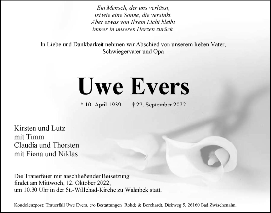 Traueranzeigen von Uwe Evers | nordwest-trauer.de