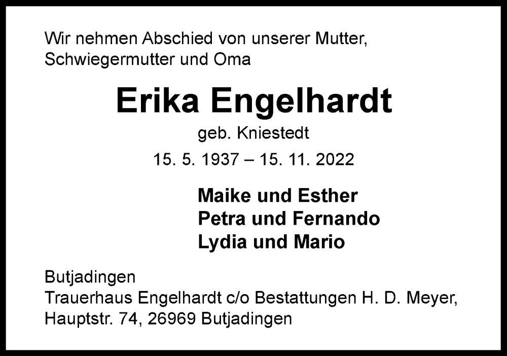 Traueranzeigen von Erika Engelhardt | nordwest-trauer.de