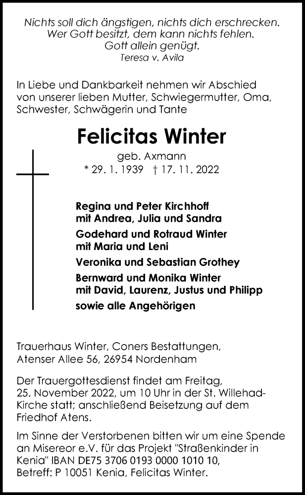 Traueranzeigen von Felicitas Winter | nordwest-trauer.de