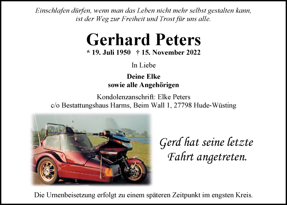 Traueranzeigen von Gerhard Peters | nordwest-trauer.de