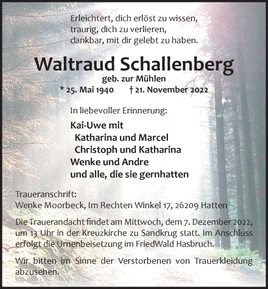 Traueranzeigen von Waltraud Schallenberg | nordwest-trauer.de