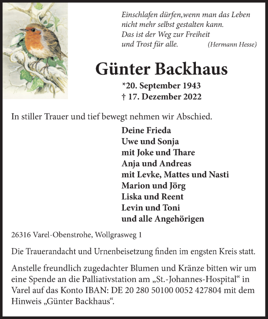 Traueranzeigen von Günter Backhaus | nordwest-trauer.de