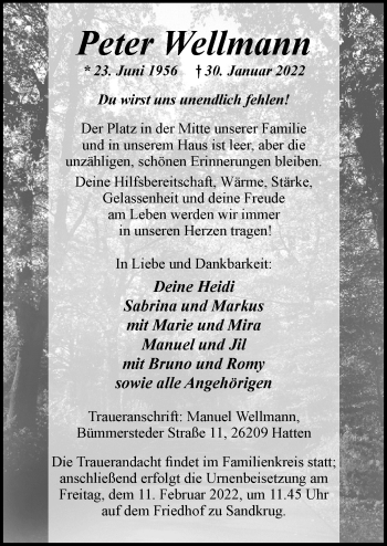 Traueranzeigen von Peter Wellmann | nordwest-trauer.de