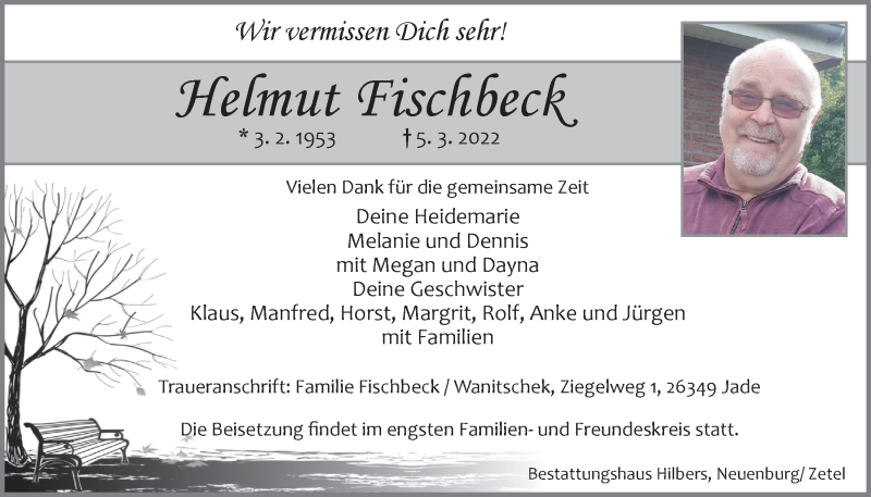 Traueranzeigen von Helmut Fischbeck | nordwest-trauer.de