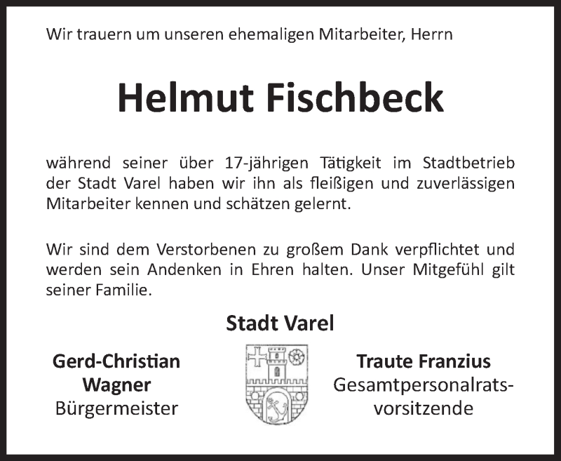 Traueranzeigen von Helmut Fischbeck | nordwest-trauer.de