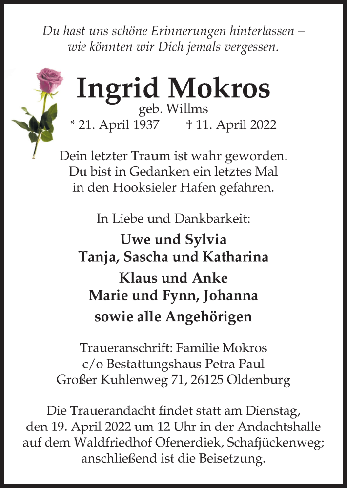 Traueranzeigen von Ingrid Mokros | nordwest-trauer.de