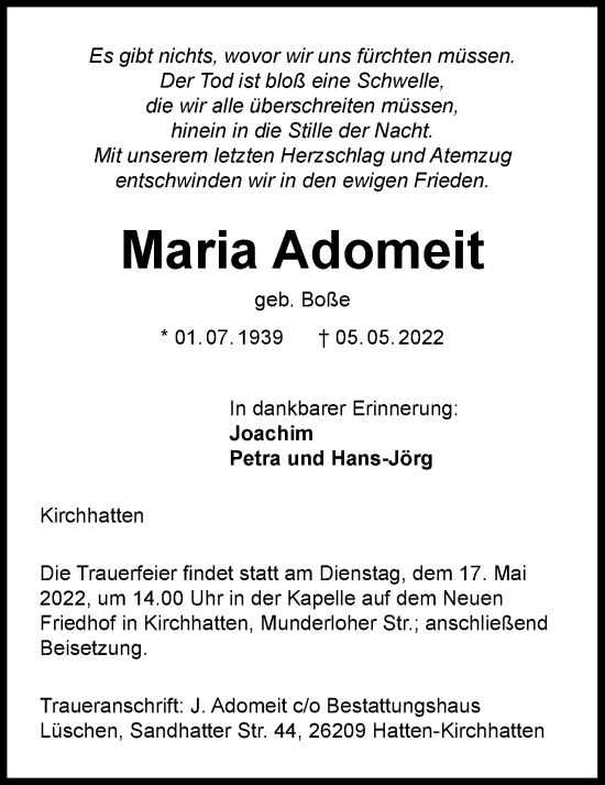 Traueranzeigen von Maria Adomeit | nordwest-trauer.de