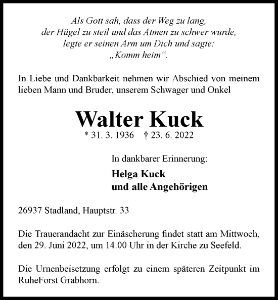 Traueranzeigen von Walter Kuck | nordwest-trauer.de