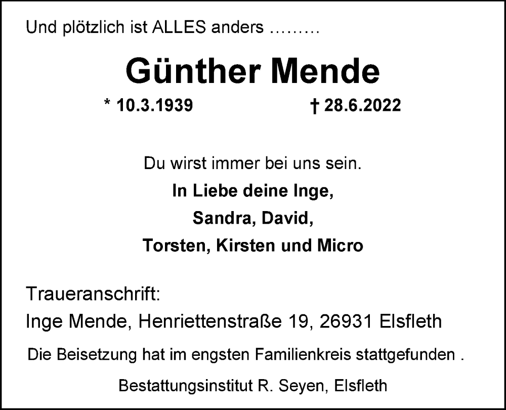 Traueranzeigen von Günther Mende | nordwest-trauer.de